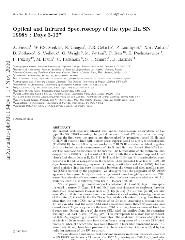 (PDF) Optical and infrared spectroscopy of the type IIn SN 1998S: days ...