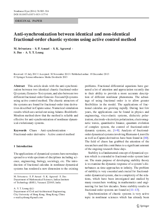(PDF) Anti-synchronization between identical and non-identical fractional-order chaotic systems ...