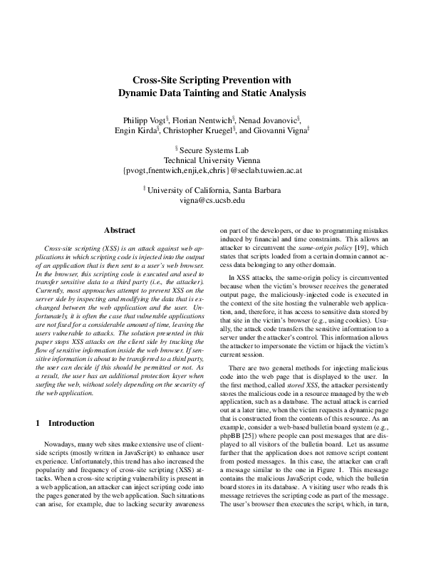 (PDF) Cross-Site Scripting Prevention with Dynamic Data Tainting and ...