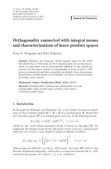 Pdf Orthogonality Connected With Integral Means And Characterizations Of Inner Product Spaces