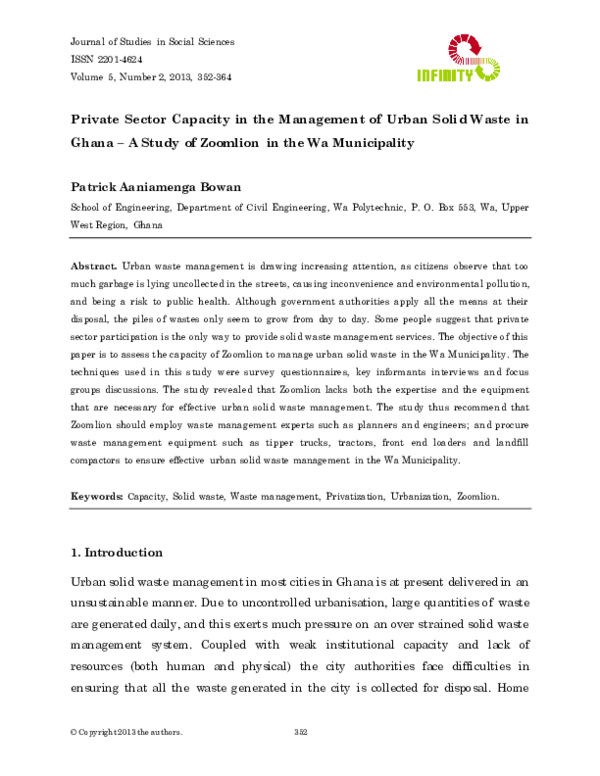 Private Sector Capacity in the Management of Urban Solid Waste in Ghana ...