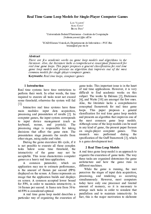 (PDF) Real Time Game Loop Models for Single-Player Computer Games
