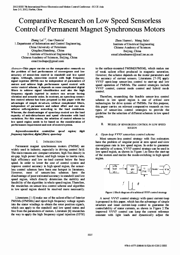 Pdf Comparative Research On Low Speed Sensorless Control Of Permanent Magnet Synchronous Motors
