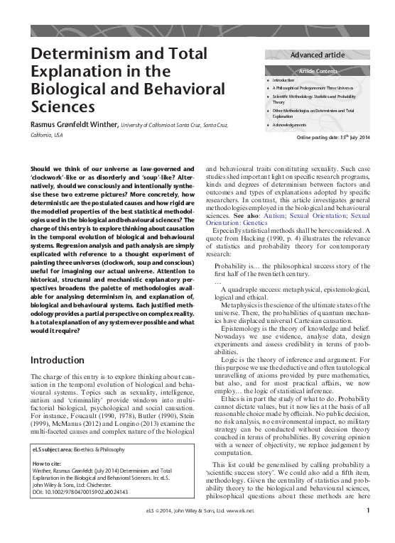 (PDF) Determinism and Total Explanation in the Biological and ...