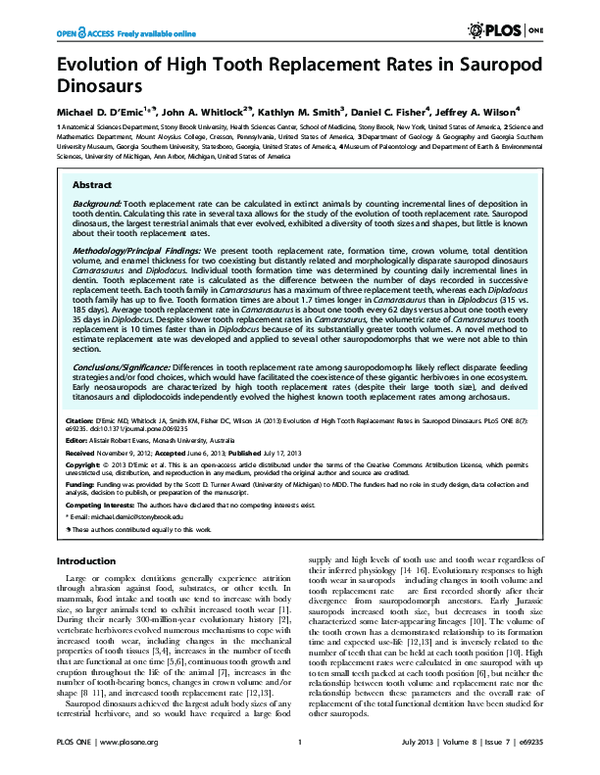 (PDF) Evolution of High Tooth Replacement Rates in Sauropod Dinosaurs