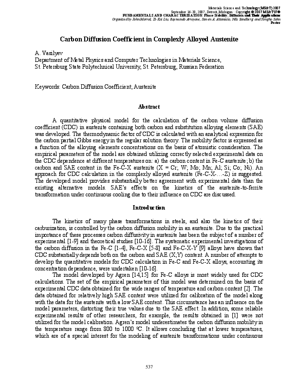 (PDF) Carbon Diffusion Coefficient in Complexly Alloyed Austenite | Alexander Vasilyev ...