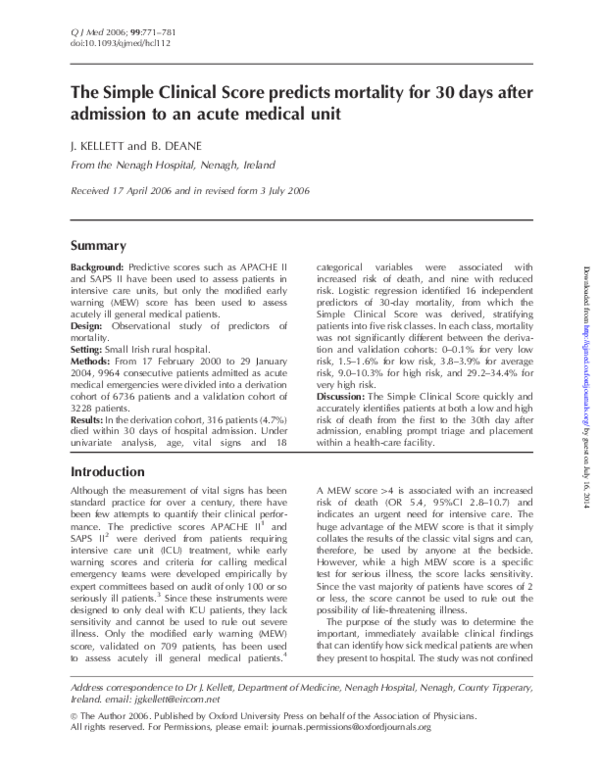 (PDF) The Simple Clinical Score predicts mortality for 30 days after ...