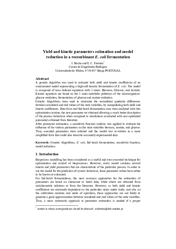 (PDF) Yield and kinetic parameters estimation and model reduction in a recombinant E. coli ...
