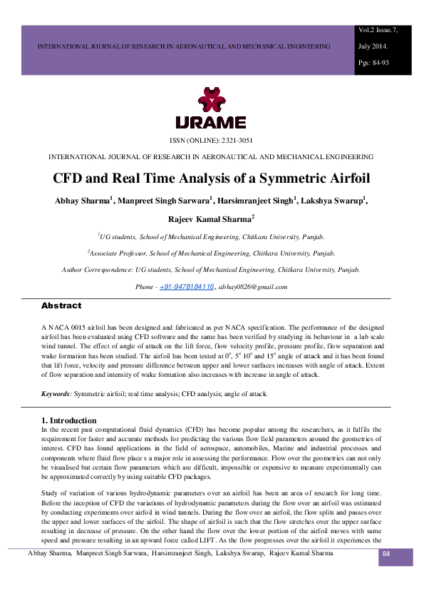 (PDF) CFD and Real Time Analysis of a Symmetric Airfoil