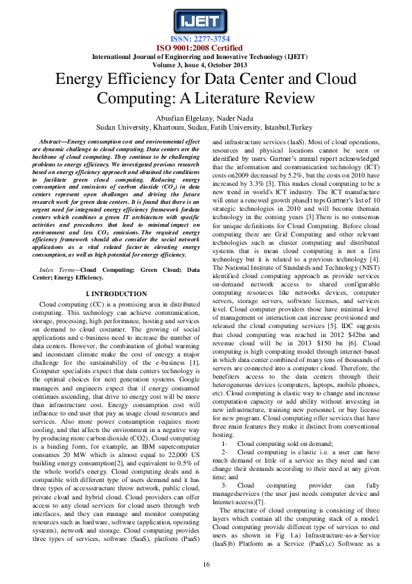 (PDF) Energy Efficiency for Data Center and Cloud Computing: A Literature Review