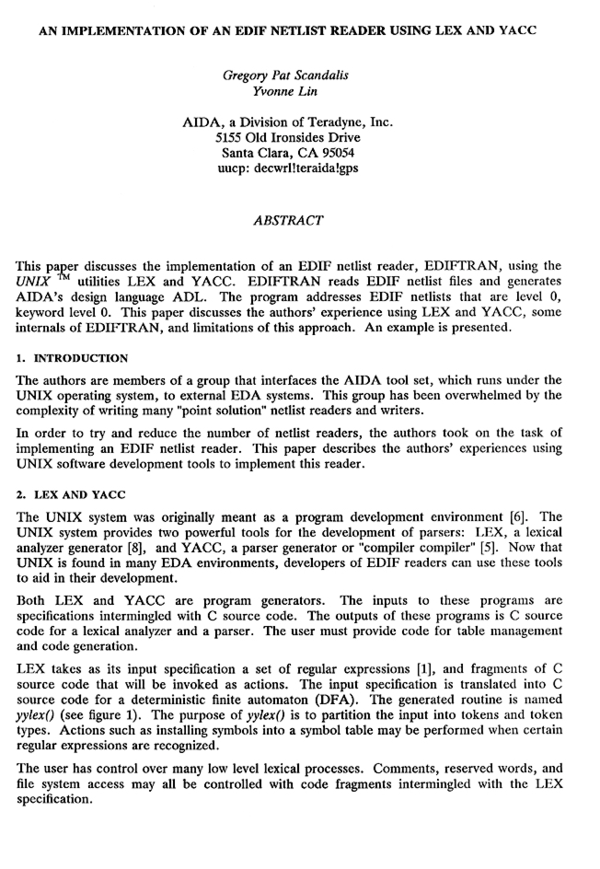 An Implementation of an EDIF Netlist Reader Using LEX and YACC An Implementation of an EDIF Netlist Reader Using LEX and YACC