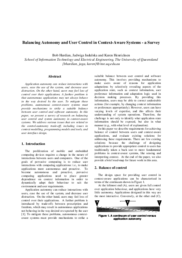 Balancing Autonomy and User Control in Context-Aware Systems - a Survey