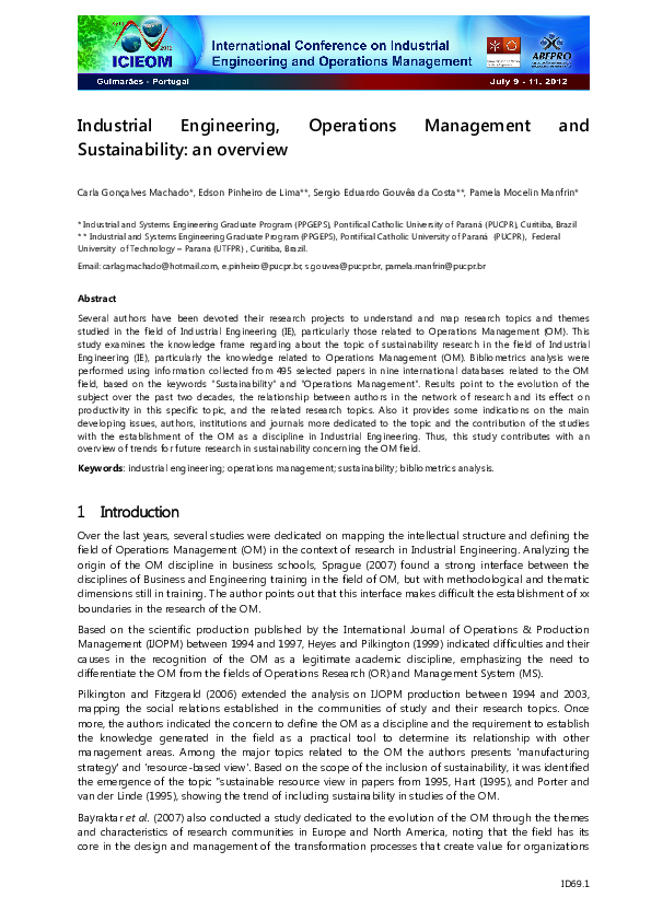 Industrial Engineering, Operations Management and Sustainability: an ...