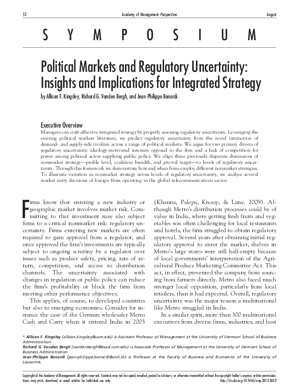 (PDF) Political markets and regulatory uncertainty: Insights and ...