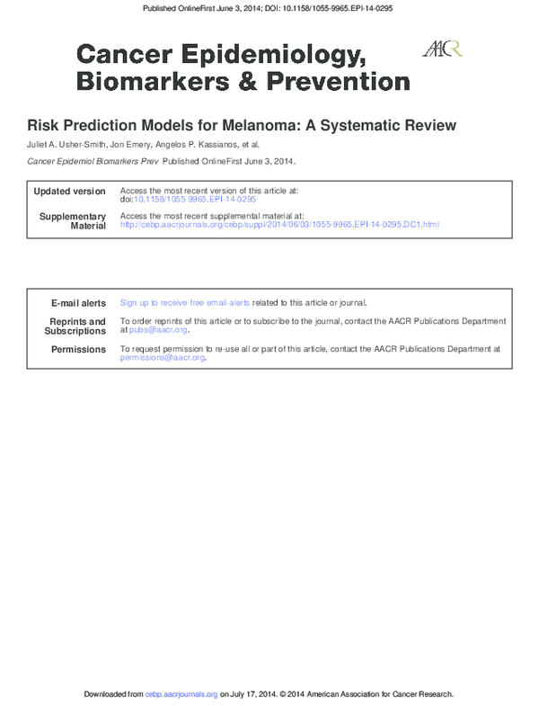 (PDF) Risk prediction models for melanoma: a systematic review