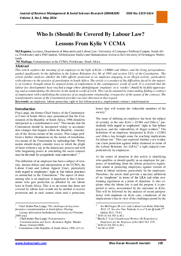 (PDF) Who Is (Should) Be Covered By Labour Law? Lessons From Kylie V CCMA