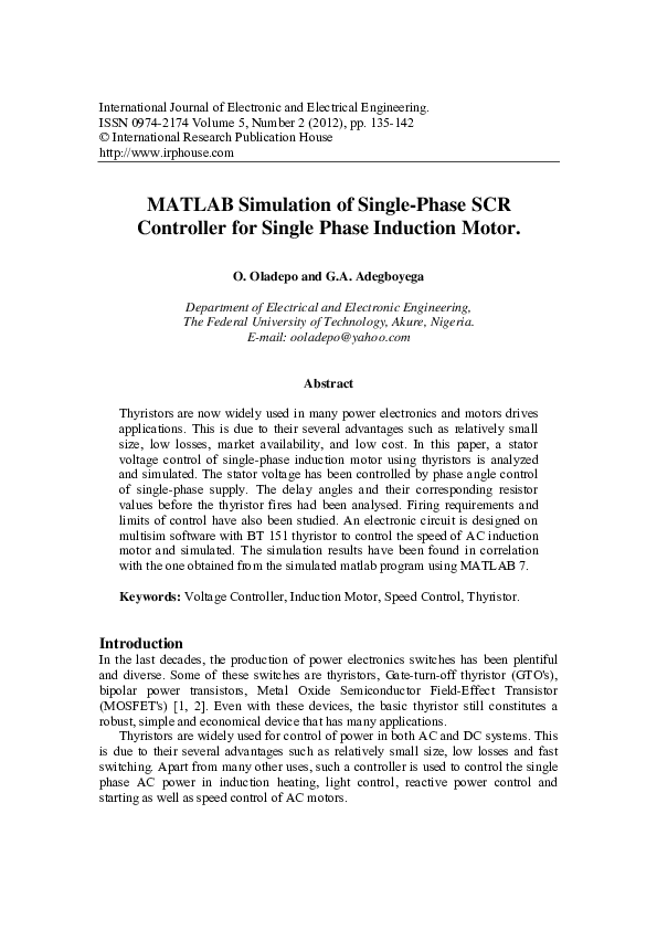 Pdf Matlab Simulation Of Single Phase Scr Controller For Single Phase Induction Motor