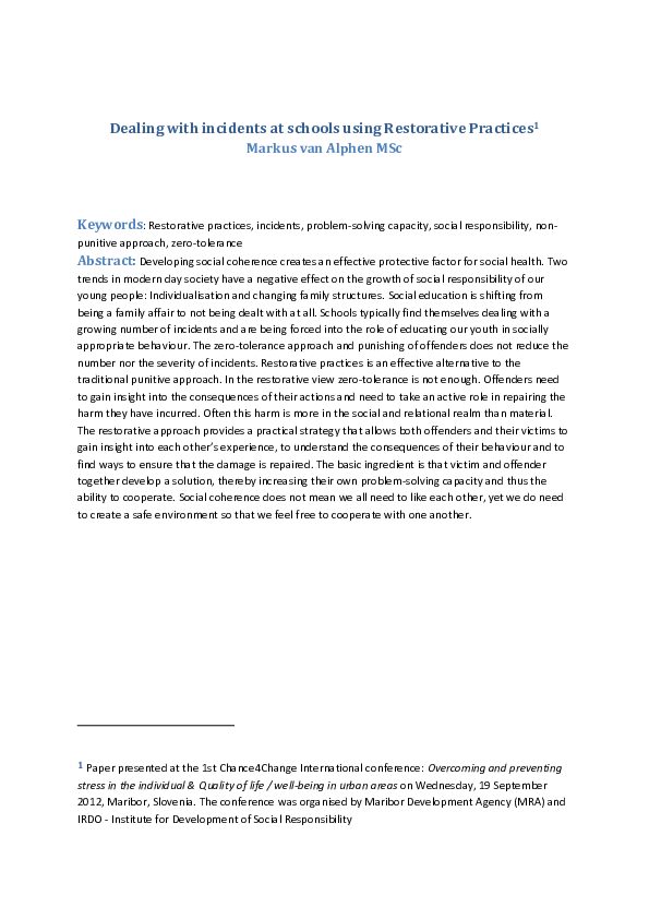 (PDF) Dealing with incidents at schools using Restorative Practices