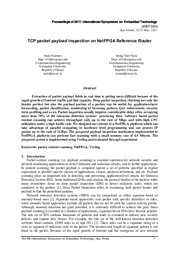 Pdf Tcp Packet Payload Inspection On Netfpga Reference Router