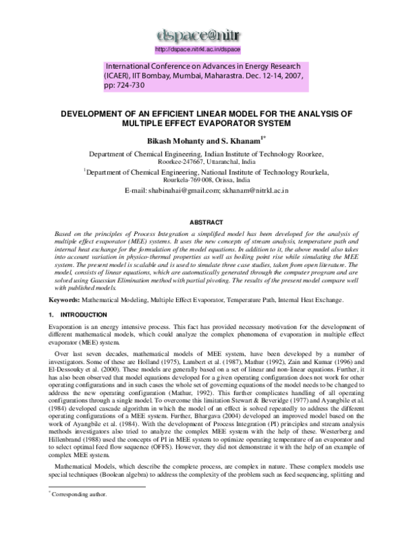 (PDF) DEVELOPMENT OF AN EFFICIENT LINEAR MODEL FOR THE ANALYSIS OF MULTIPLE EFFECT EVAPORATOR ...