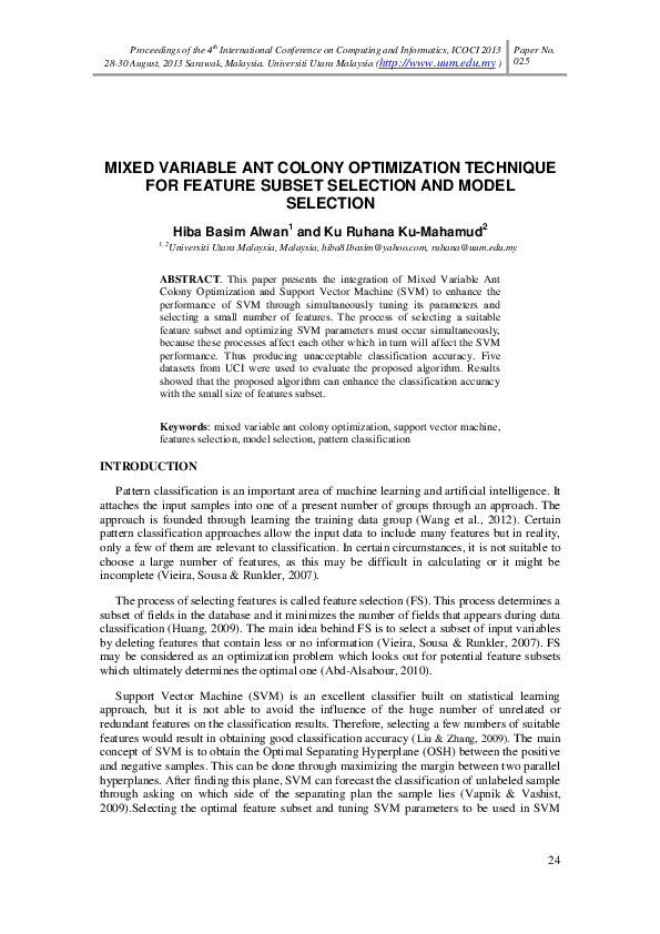Pdf Mixed Variable Ant Colony Optimization Technique For Feature Subset Selection And Model