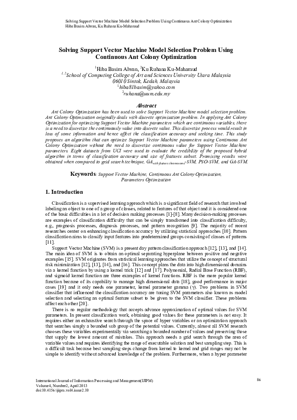 Pdf Solving Support Vector Machine Model Selection Problem Using Continuous Ant Colony