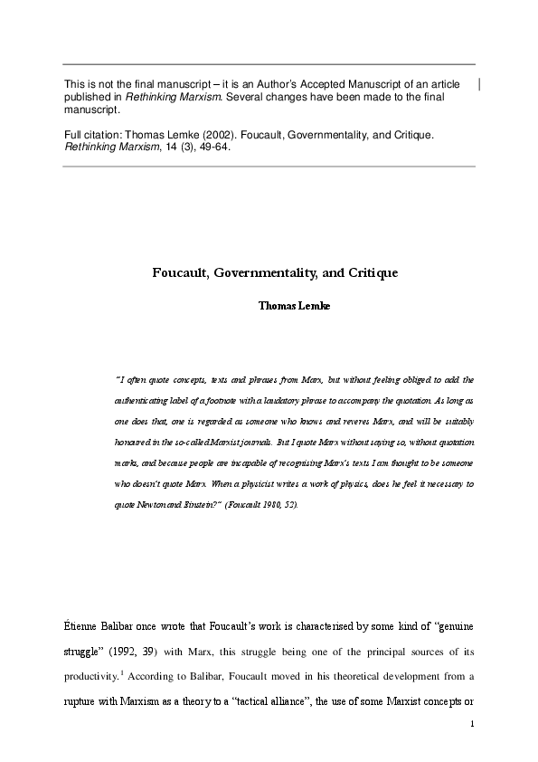 (PDF) Foucault, Governmentality, and Critique
