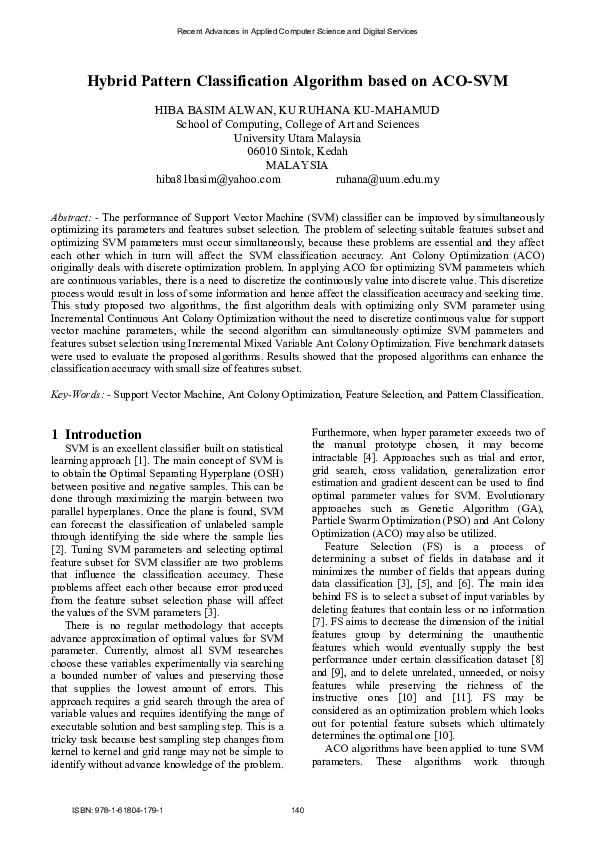 Hybrid Pattern Classification Algorithm Based On Aco Svm