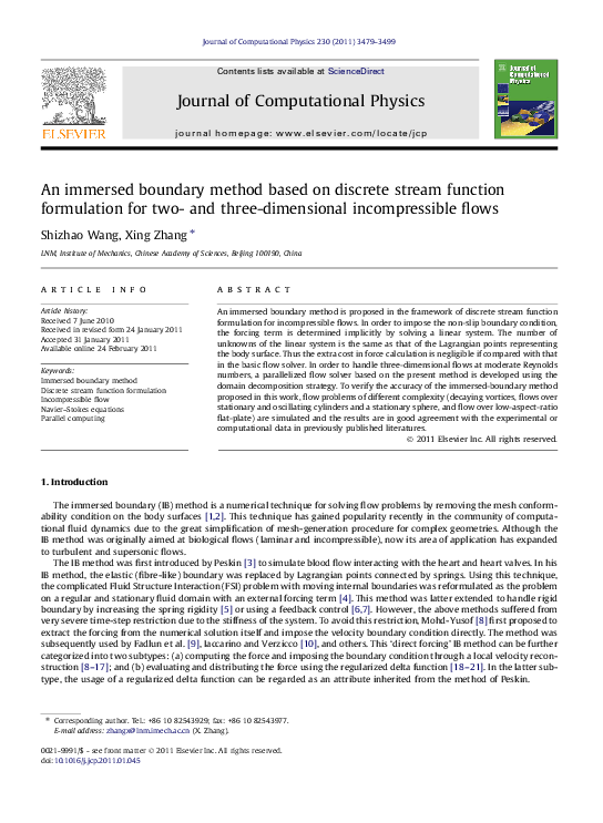 Pdf An Immersed Boundary Method Based On Discrete Stream Function
