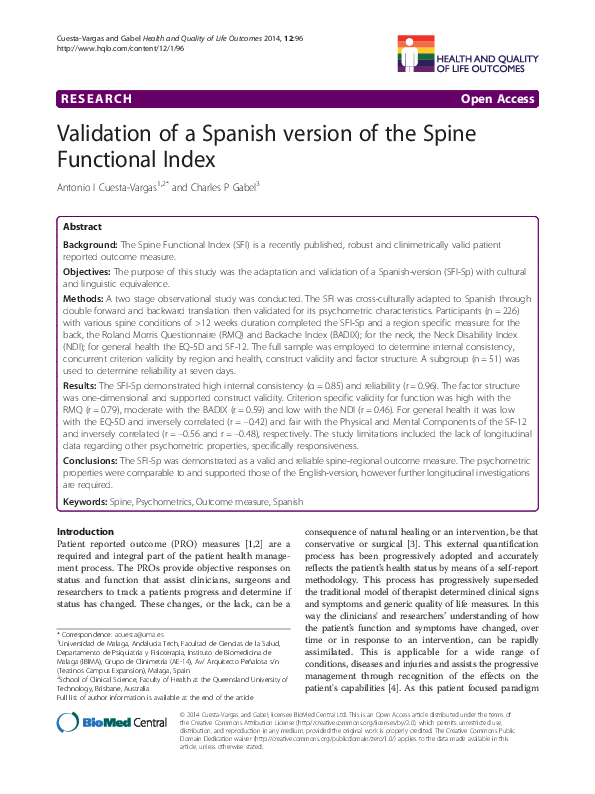 (PDF) Validation of a Spanish version of the Spine Functional Index