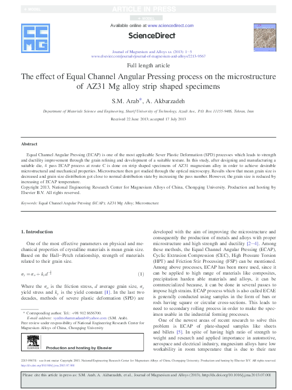 (PDF) The effect of Equal Channel Angular Pressing process on the microstructure of AZ31 Mg ...