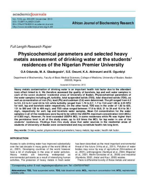 Pdf Physicochemical Parameters And Selected Heavy Metals Assessment Of Drinking Water At The