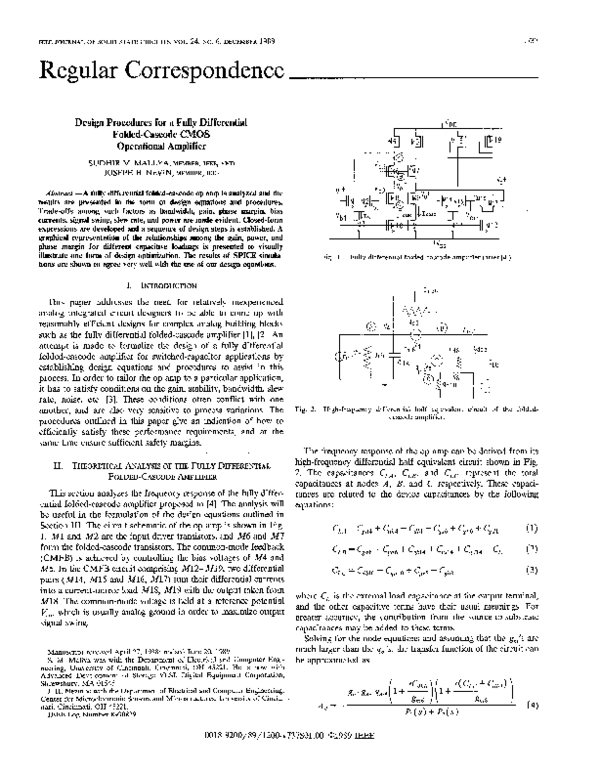 (PDF) Design procedure for fully differential folded cascode OTA (PDF) Design procedure for fully differential folded cascode OTA