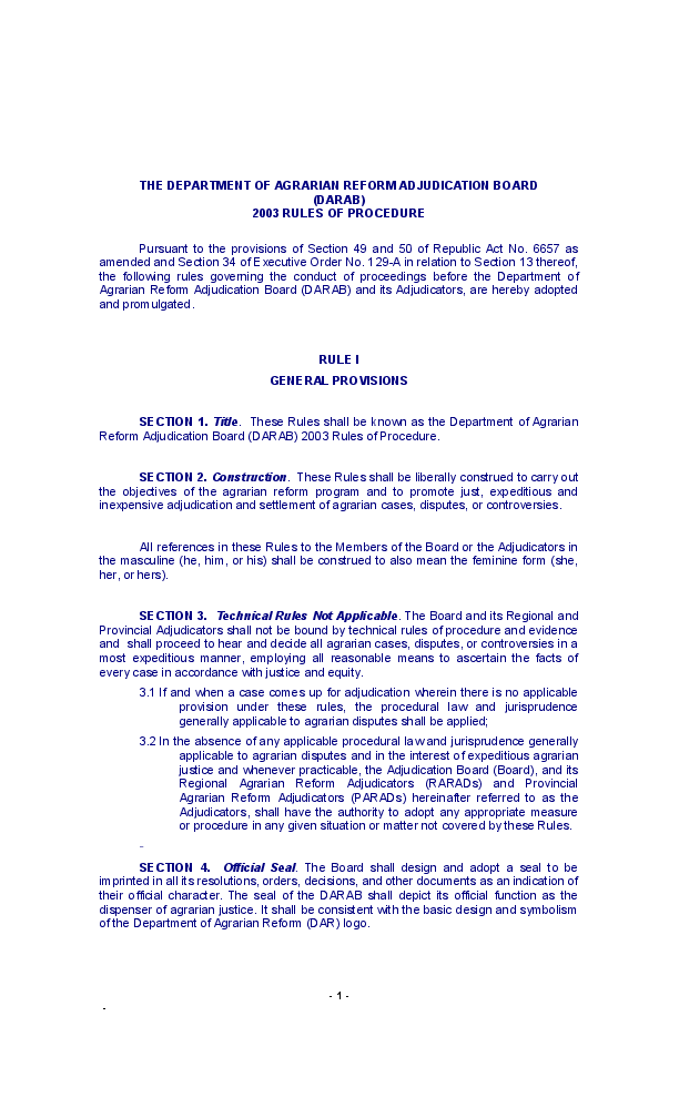 THE DEPARTMENT OF AGRARIAN REFORM ADJUDICATION BOARD (DARAB) 2003 RULES ...