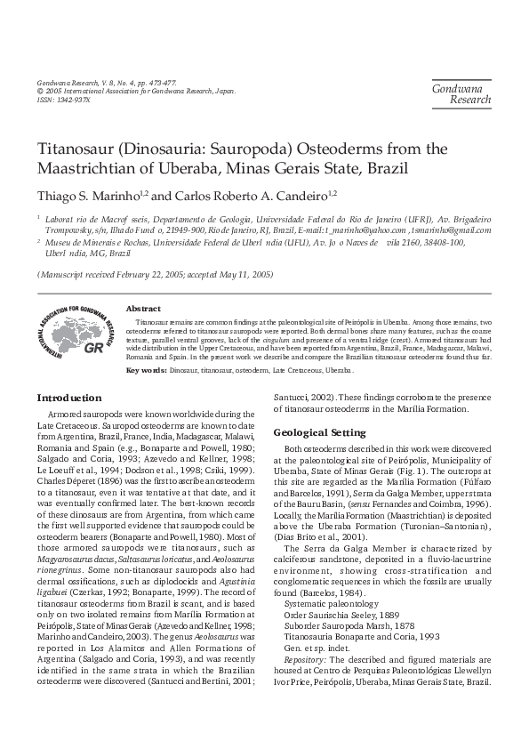 (PDF) Titanosaur (Dinosauria: Sauropoda) Osteoderms from the ...