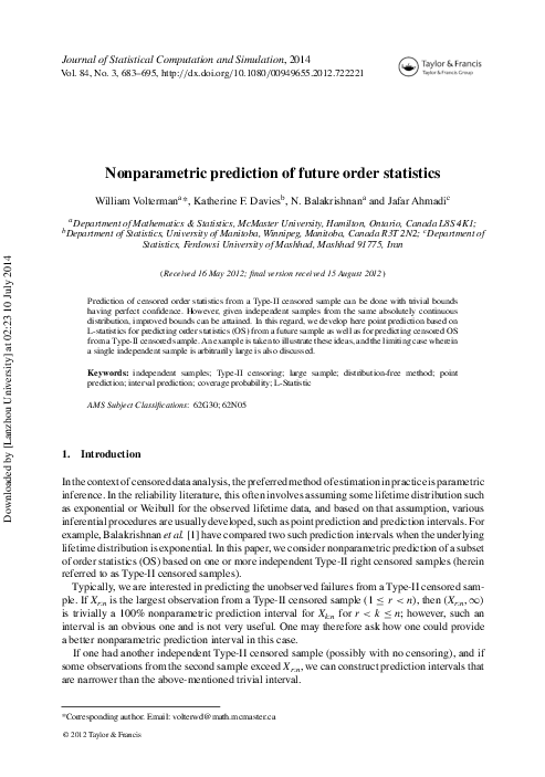 Pdf Nonparametric Prediction Of Future Order Statistics