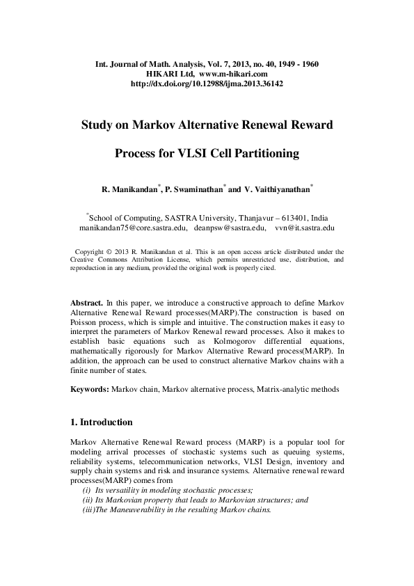 (PDF) Study on Markov alternative renewal reward process for VLSI cell partitioning