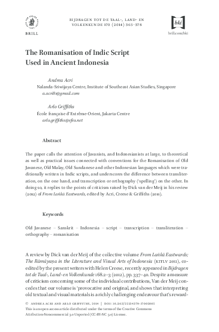 (PDF) Acri & Griffiths 2014 Romanisation of Indic Script