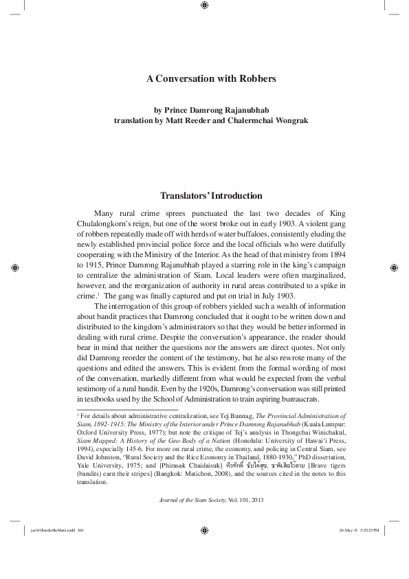 (PDF) Damrong Rajanubhab's "Conversation with Robbers." Matthew Reeder ...