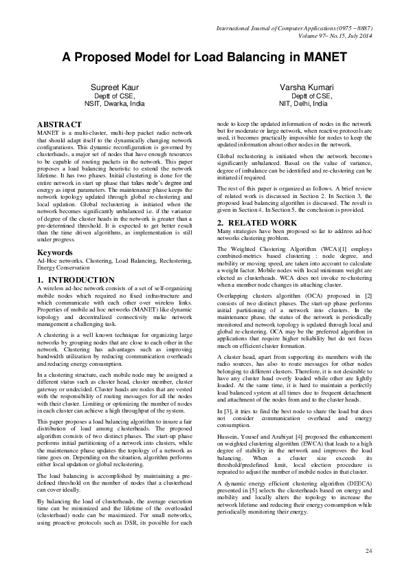 Pdf A Proposed Model For Load Balancing In Manet