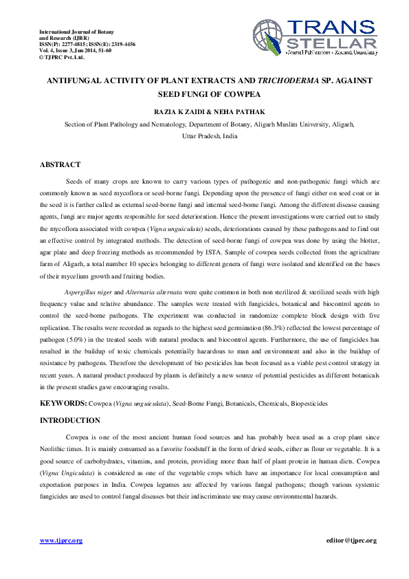 Pdf Antifungal Activity Of Plant Extracts And Trichoderma Sp Against Seed Fungi Of Cowpea
