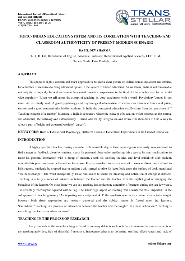 (PDF) TOPIC- INDIAN EDUCATION SYSTEM AND ITS CORELATION WITH TEACHING ...