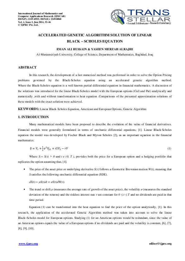(PDF) ACCELERATED GENETIC ALGORITHM SOLUTION OF LINEAR BLACK – SCHOLES EQUATION