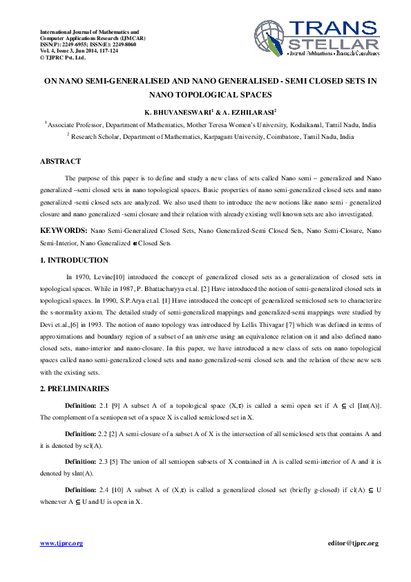 Pdf On Nano Semi Generalised And Nano Generalised Semi Closed Sets In Nano Topological Spaces
