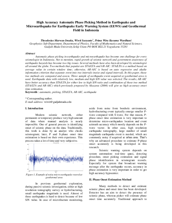 (PDF) High Accuracy Automatic Phase Picking Method in Earthquake and Microearthquake for ...