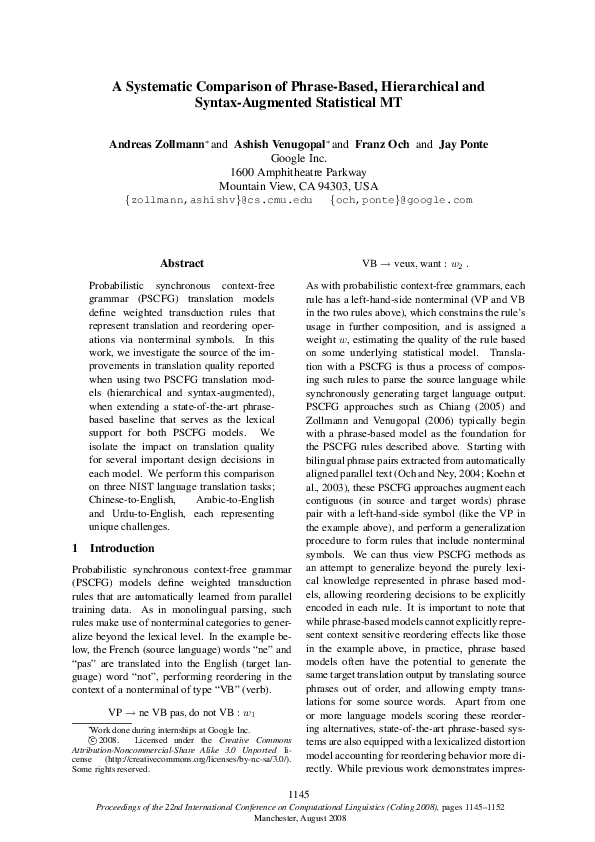 (PDF) A Systematic Comparison of Phrase-Based, Hierarchical and Syntax-Augmented Statistical MT ...