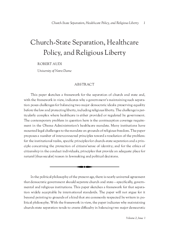 (PDF) Church-State Separation, Healthcare Policy, and Religious Liberty