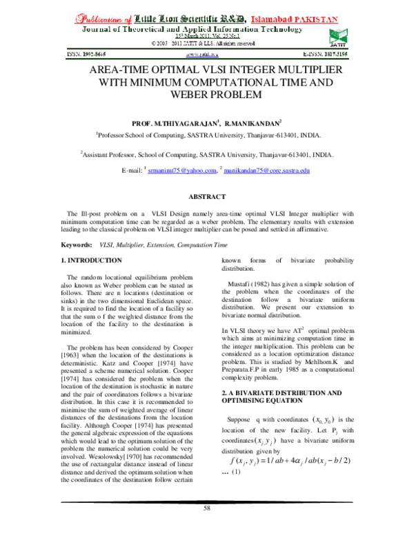 (PDF) Area-Time Optimal VLSI Integer Multiplier With Minimum Computational Time and Weber Problem