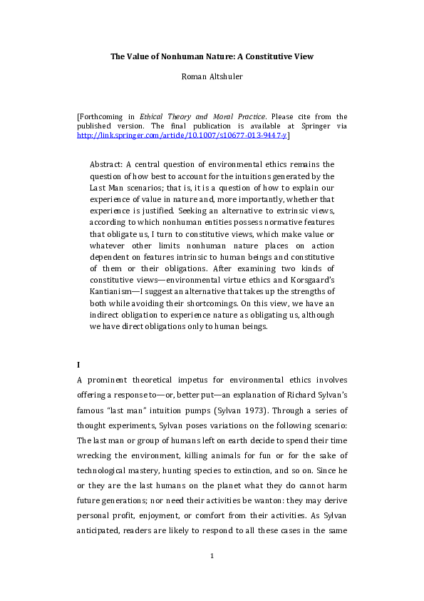 (PDF) The Value of Nonhuman Nature: A Constitutive View | Roman ...