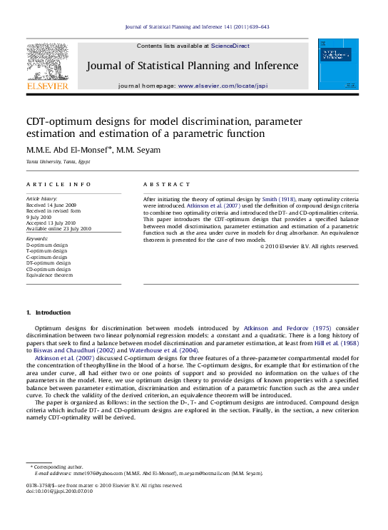 (PDF) CDT-optimum designs for model discrimination, parameter estimation and estimation of a ...